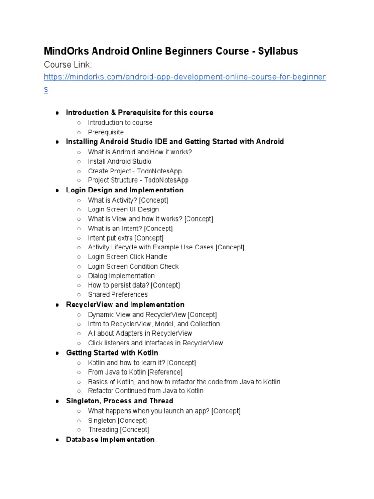 Mindorks Android Online Beginners Course - Syllabus | PDF | Lyft | Android (Operating System)