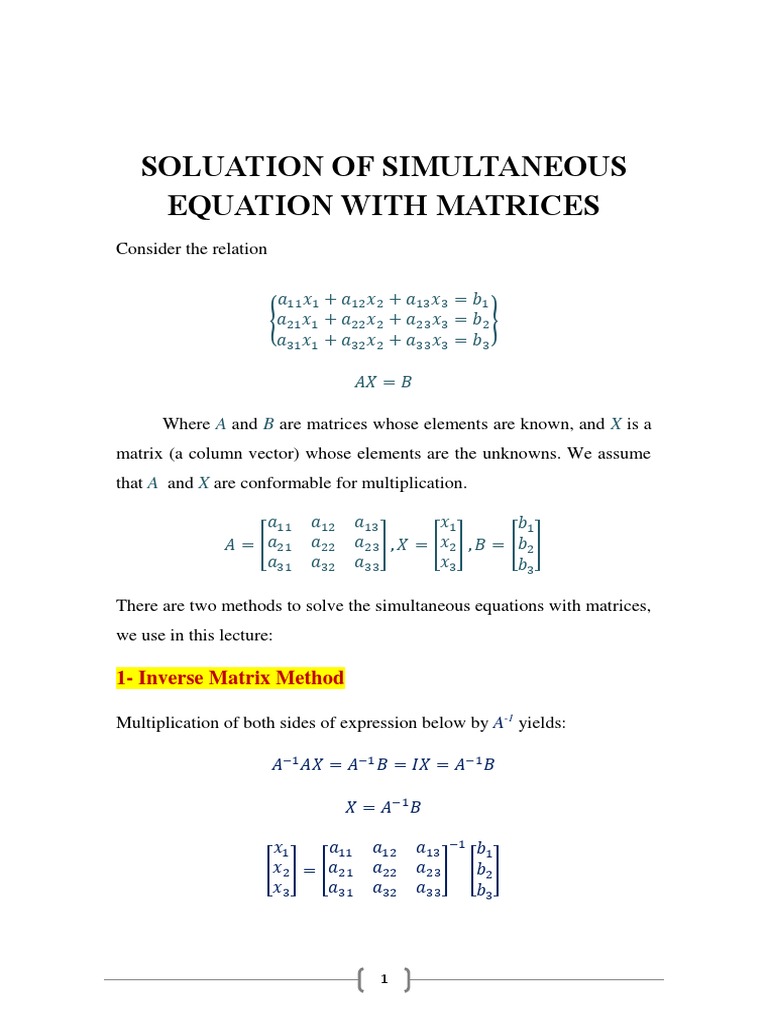Simultaneous Equation With Matrices | PDF | Matrix (Mathematics ...