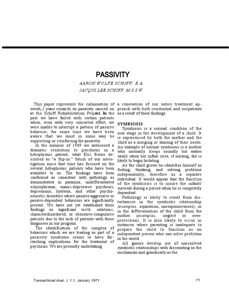 Passivity: Aaron Wolfe Schiff, B.A. Jacqui Lee Schiff, M.S.S.W | PDF ...