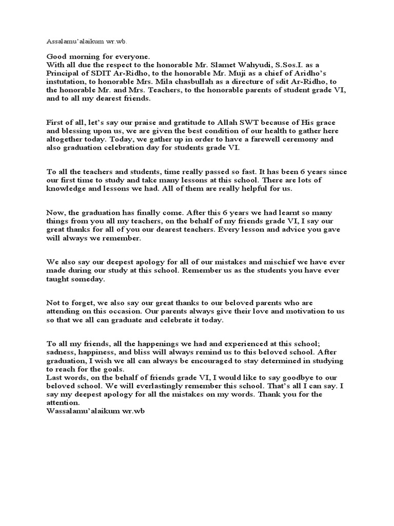 Farewell Speech Grade VI Students | PDF