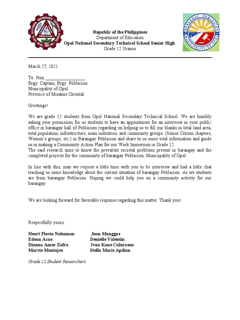 Formal Letter For Barangay | PDF