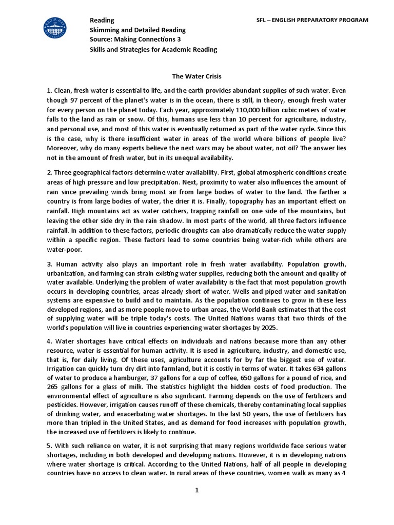 Reading-Water Crisis With The Answer Key | PDF | Water Scarcity | Water