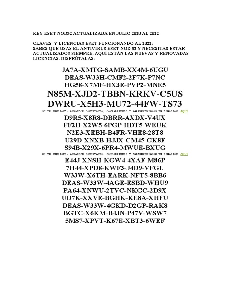 Key Eset Nod32 Actualizada en Julio 2020 Al 2022 | PDF