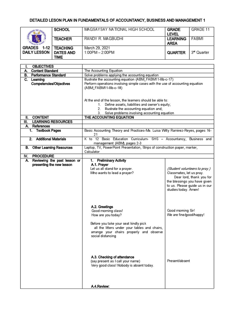 Accounting Equation Lesson Plan for Grade 11 | PDF | Equity (Finance ...