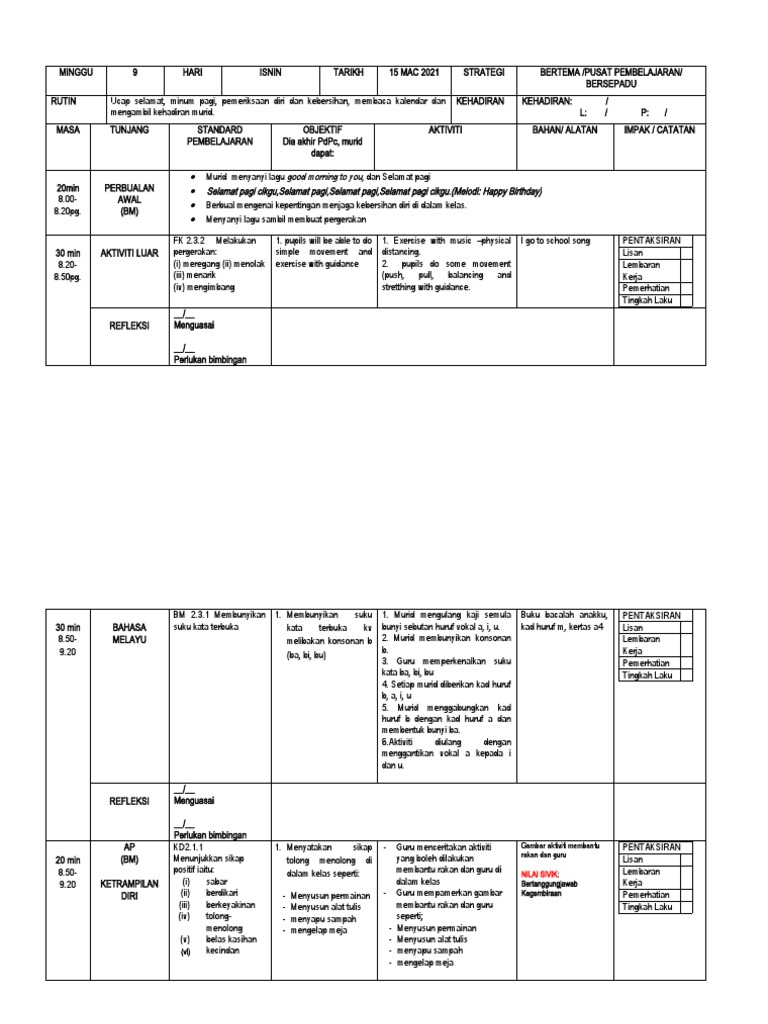 RPH Prasekolah 2021 | PDF