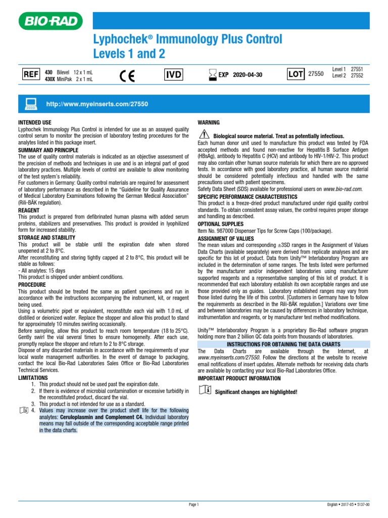 Lyphochek Immunology Plus Control Levels 1 and 2: 430 430X Bilevel ...