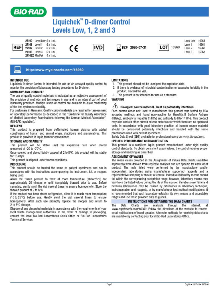 Liquichek D-Dimer Control Levels Low, 1, 2 and 3 | PDF | Laboratories ...
