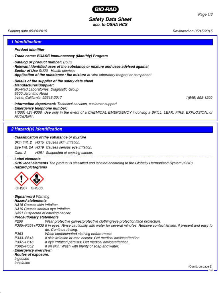 Safety Data Sheet: 1 Identification | PDF | Dangerous Goods | Working ...