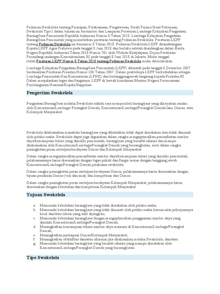 Pedoman Swakelola Tipe I LKPP 2018 | PDF