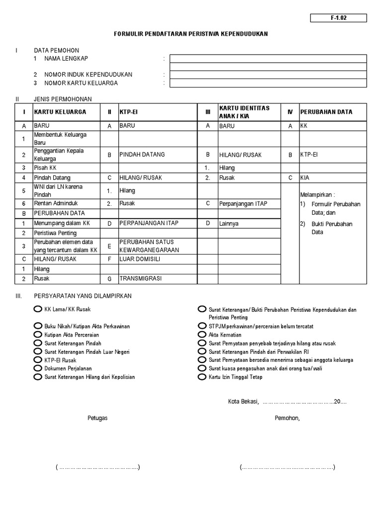 F-1.02 Formulir Pendaftaran Peristiwa Kependudukan | PDF