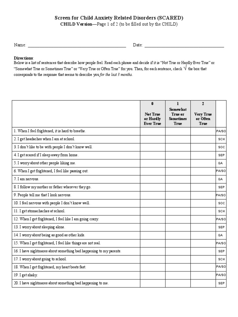 Screen For Child Anxiety Related Disorders (SCARED) : CHILD Version-Page 1 of 2 (To Be Filled ...
