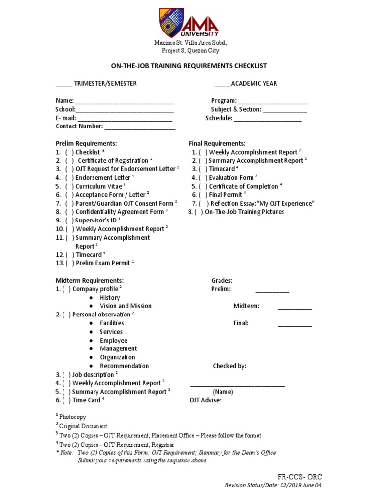 OJT Requirements Checklist Guide | PDF | Test/Examination | Business