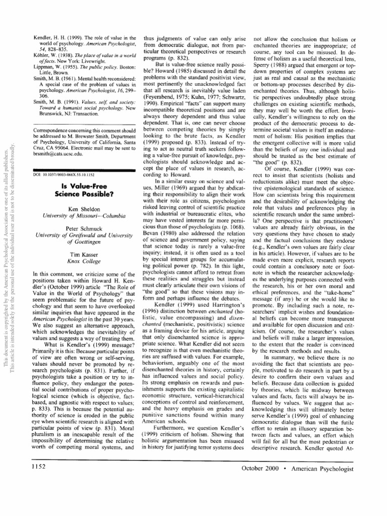 Is Value-Free Science Possible? | PDF | Value (Ethics) | Psychology