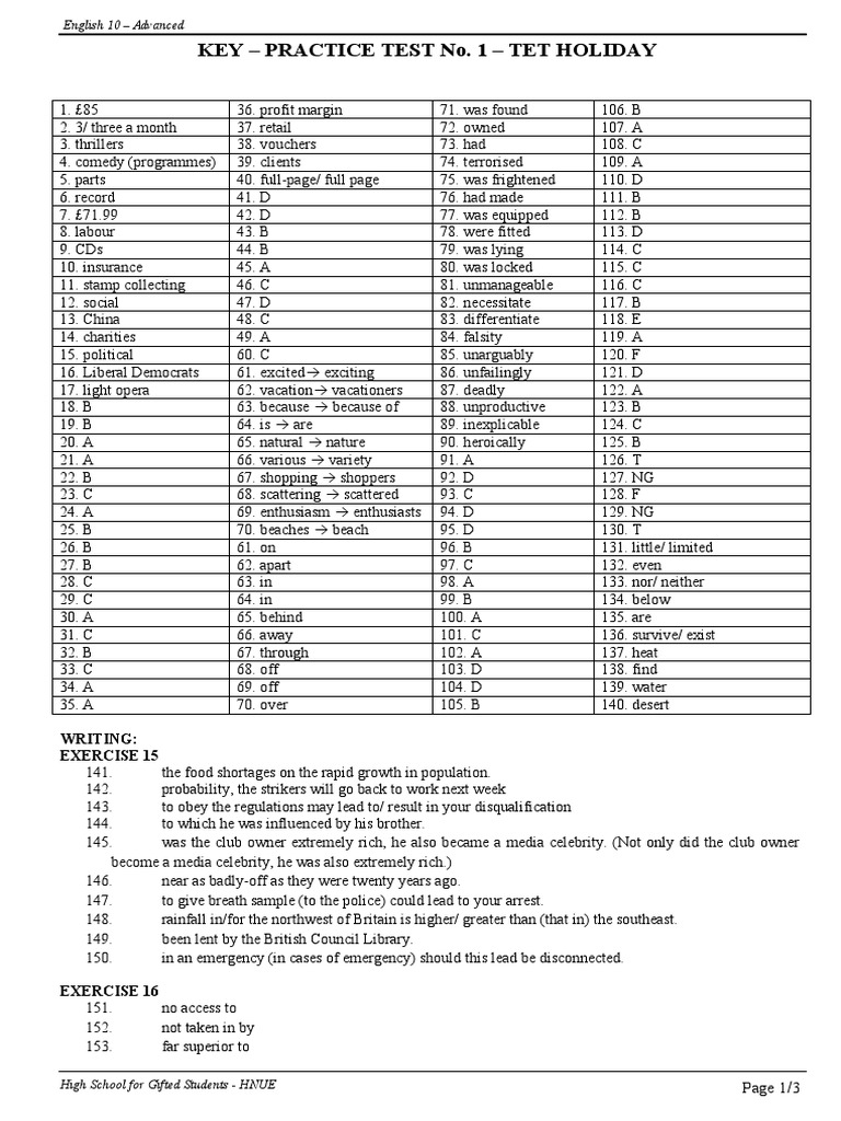 Key - Practice Test No. 1 - TET HOLIDAY | PDF