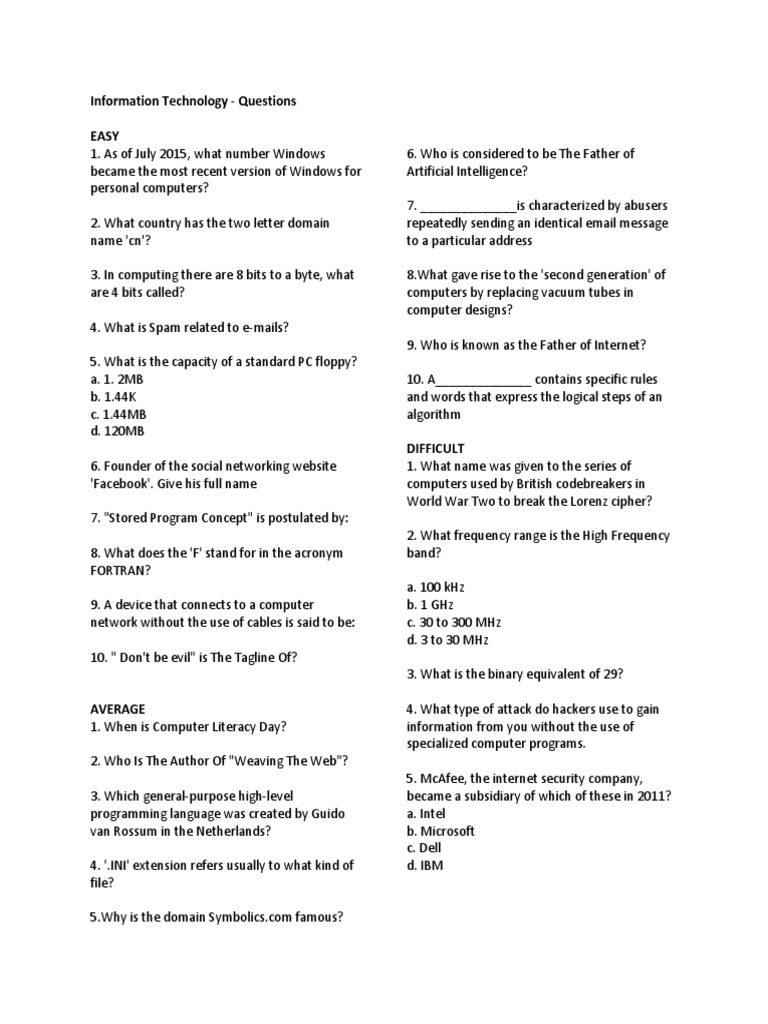 Information Technology - Questions Easy | PDF | Bit | Computer Virus