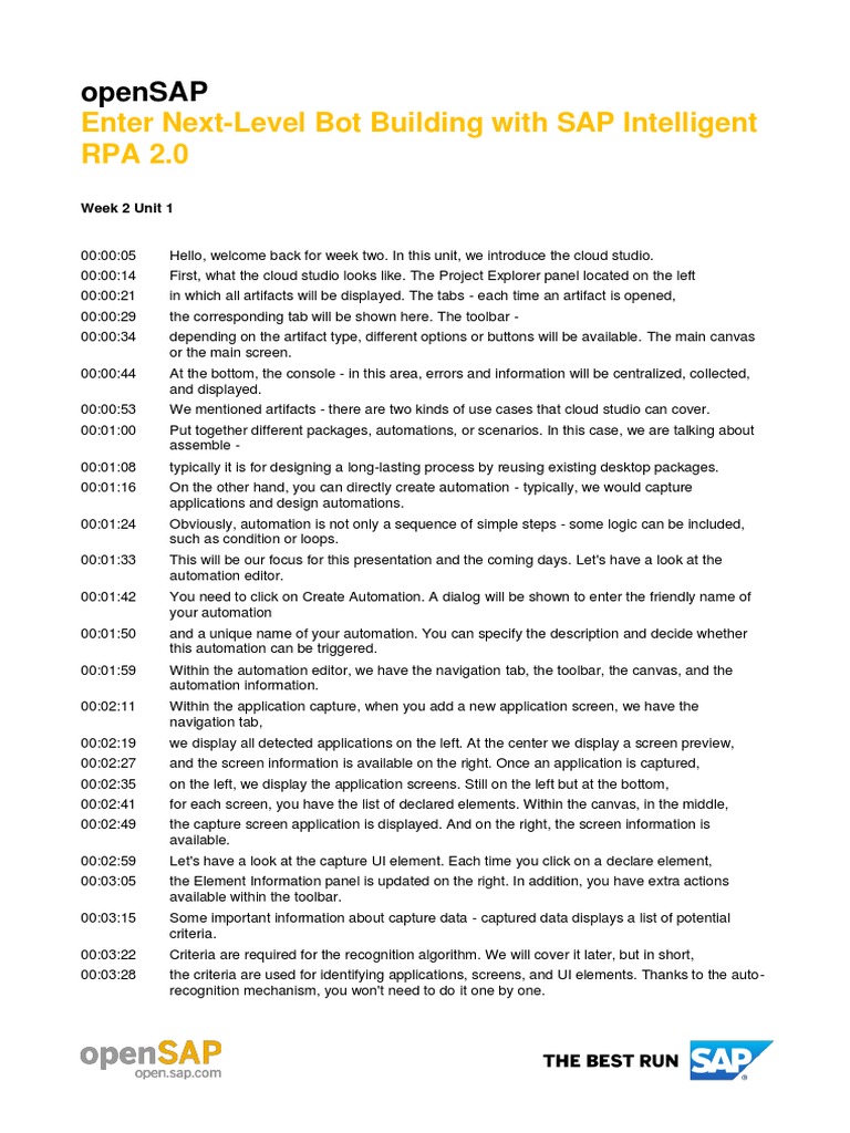 OpenSAP Rpa5 Week 2 Transcript | PDF | Microsoft Excel | Parameter (Computer Programming)