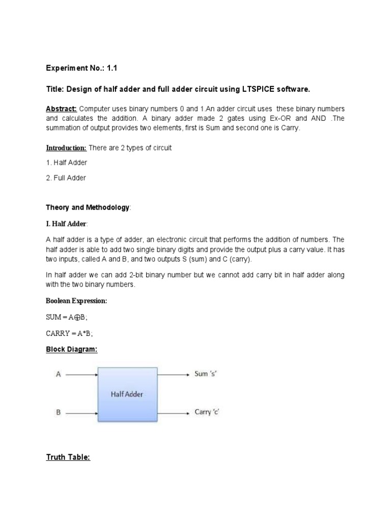 Experiment No.: 1.1 Title: Design of Half Adder and Full Adder Circuit ...