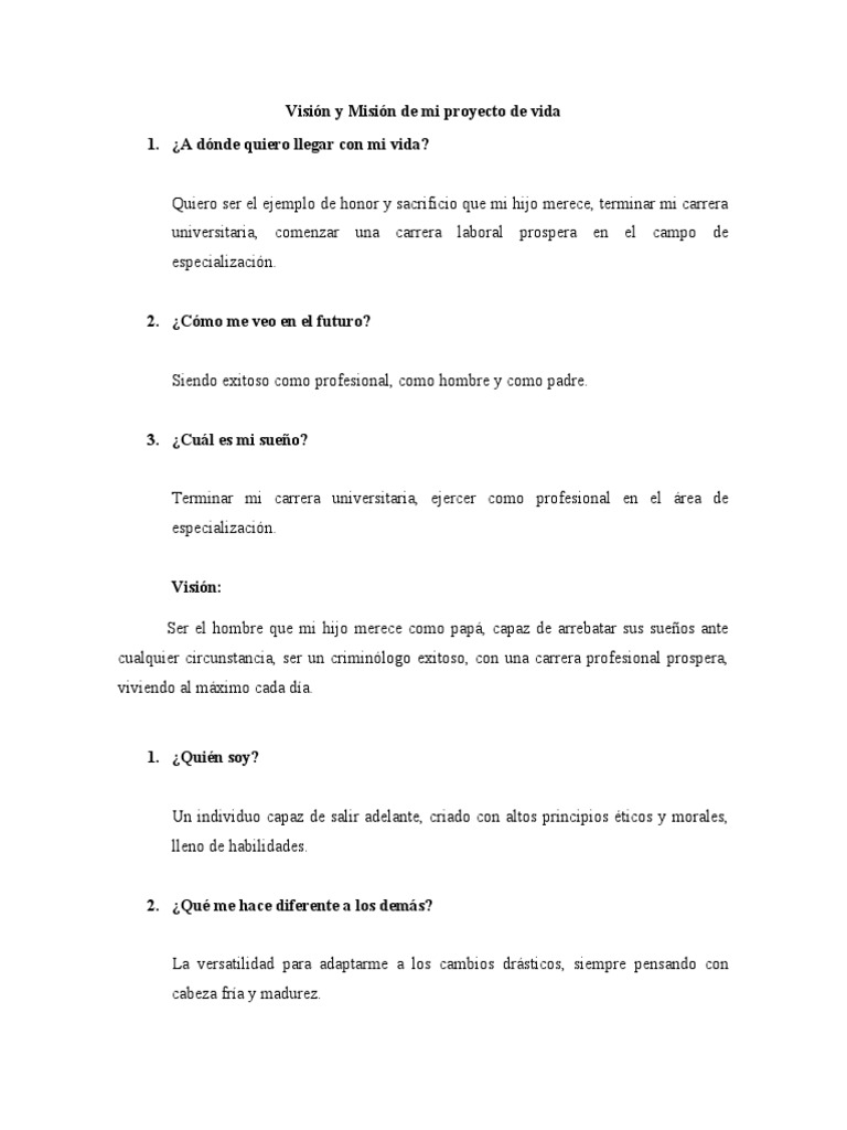 Visión Y Misión De Mi Proyecto De Vida Pdf