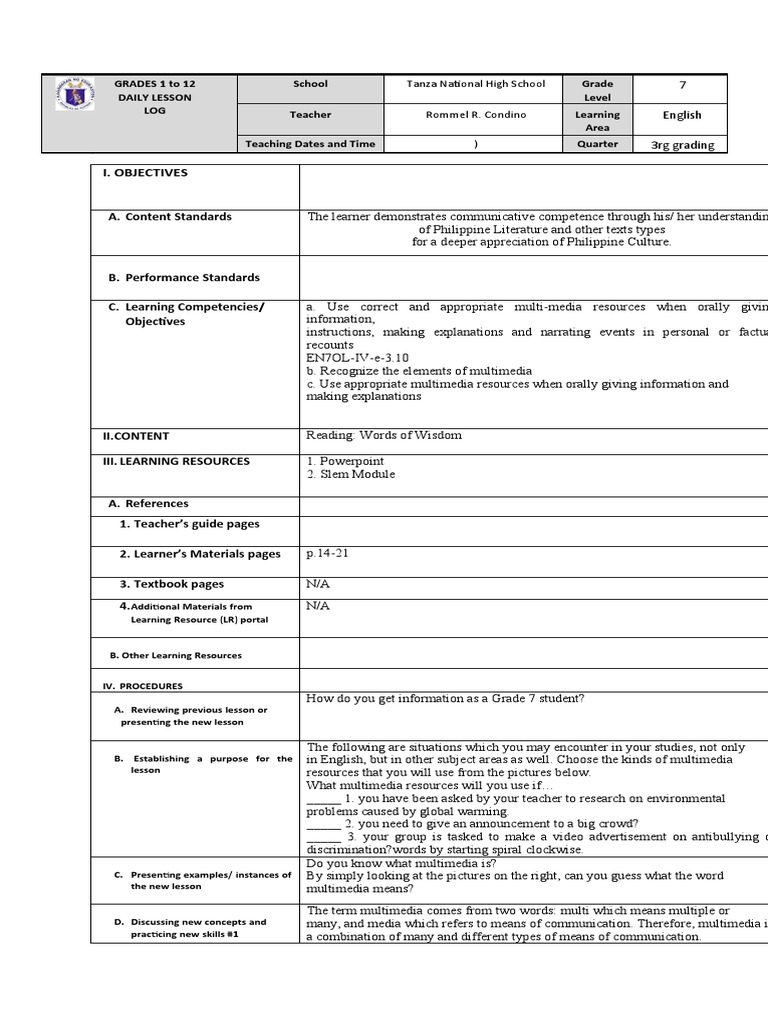 I. Objectives: A. Content Standards | PDF | Multimedia | Graphics