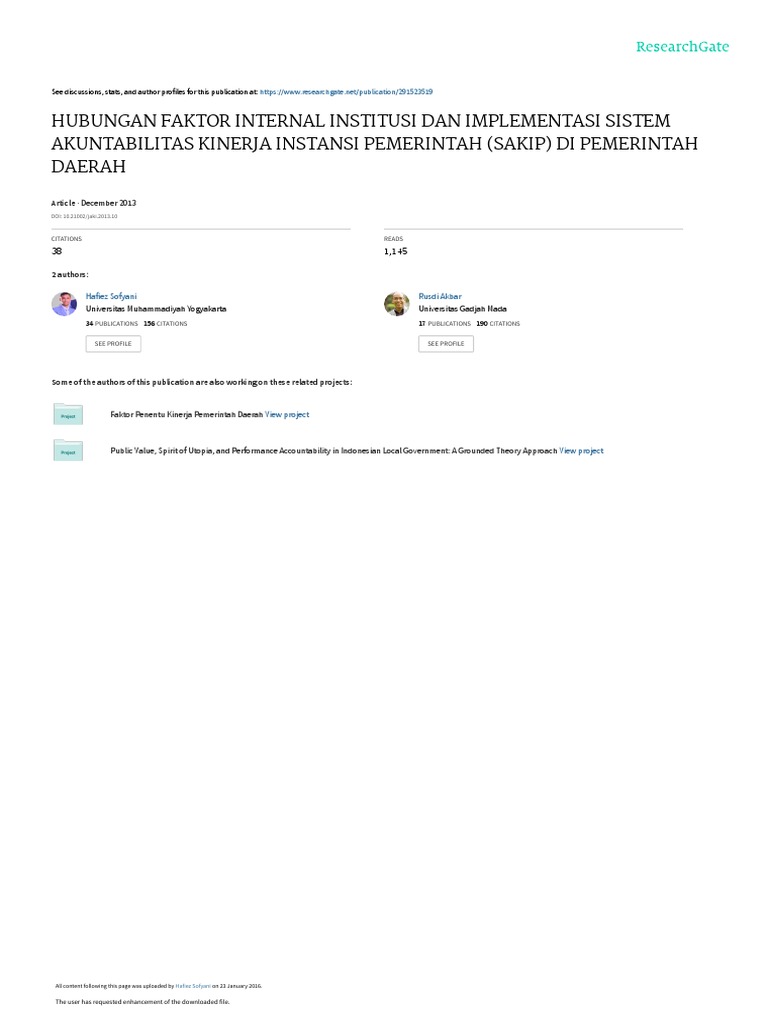 Hubungan Faktor Internal Institusi Dan Implementasi Sistem Akuntabilitas Kinerja Instansi ...