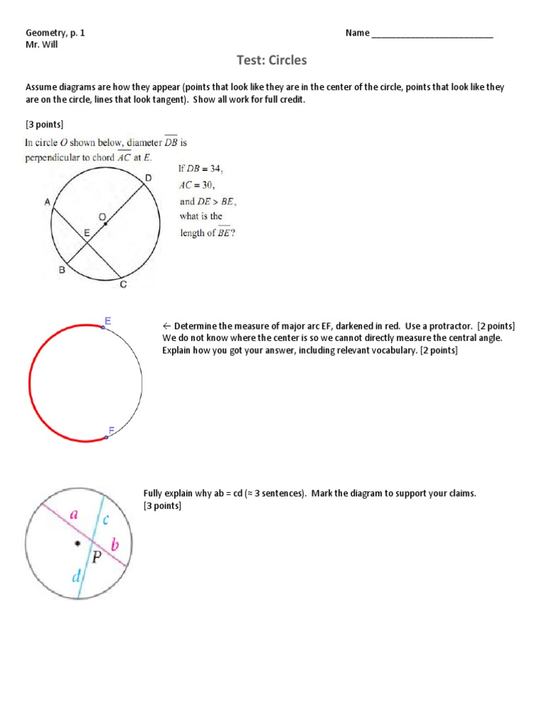 Geometry Circle Test Questions | PDF