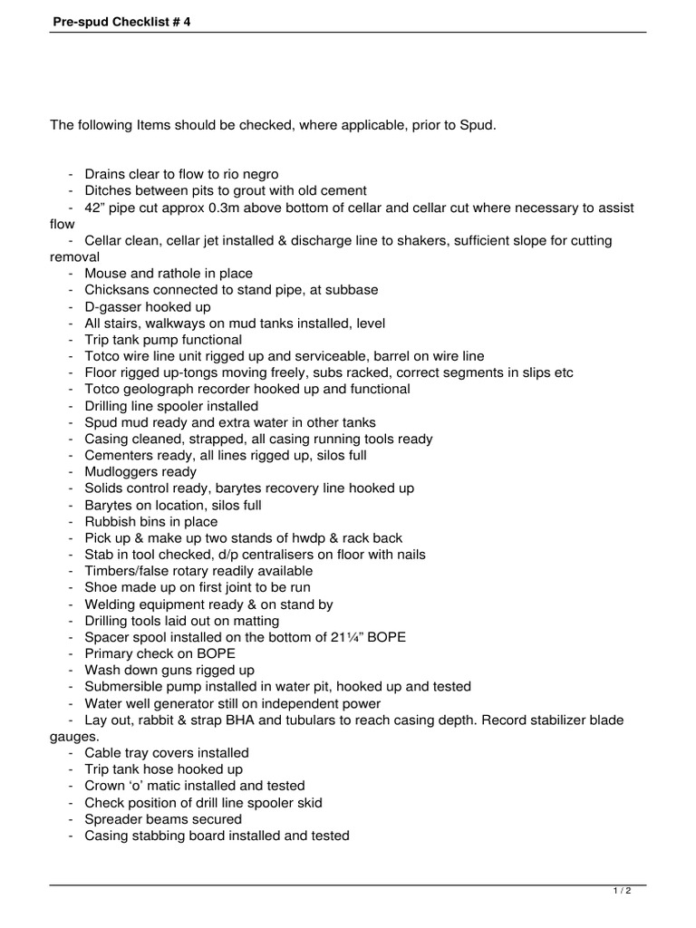 Pre Spud Checklist 4 | PDF | Casing (Borehole) | Oil Well