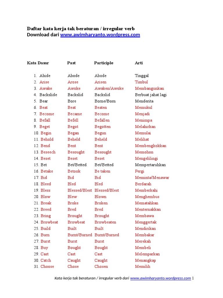 Daftar Kata Kerja Tak Beraturan / Irregular Verb Download Dari | PDF ...