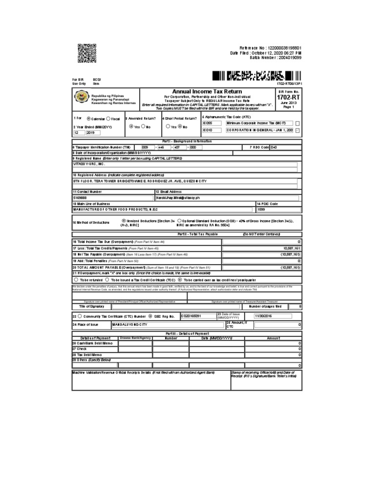 BIR Form 1702-RT | PDF | Tax Deduction | Gross Income