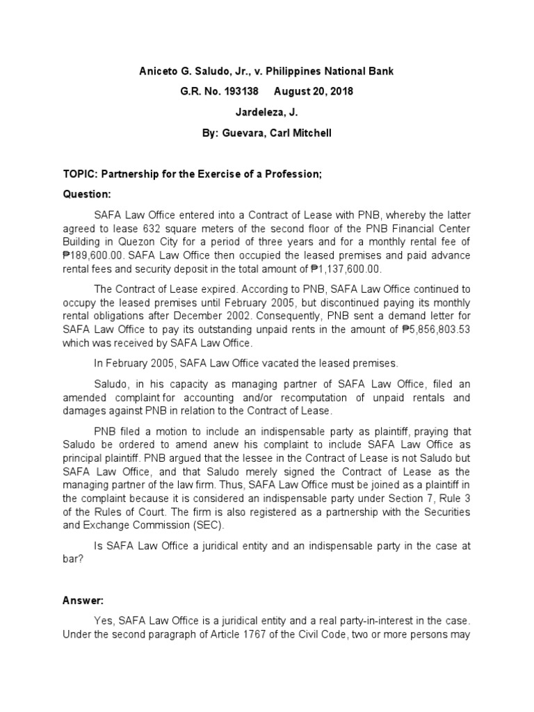 Saludo V PNB Case Digest | PDF | Lease | Partnership