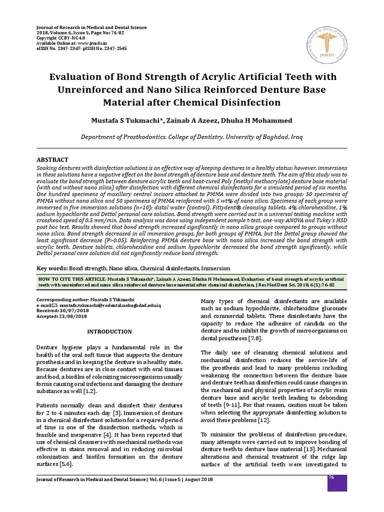 Evaluation of Bond Strength of Acrylic Artificial Teeth With ...