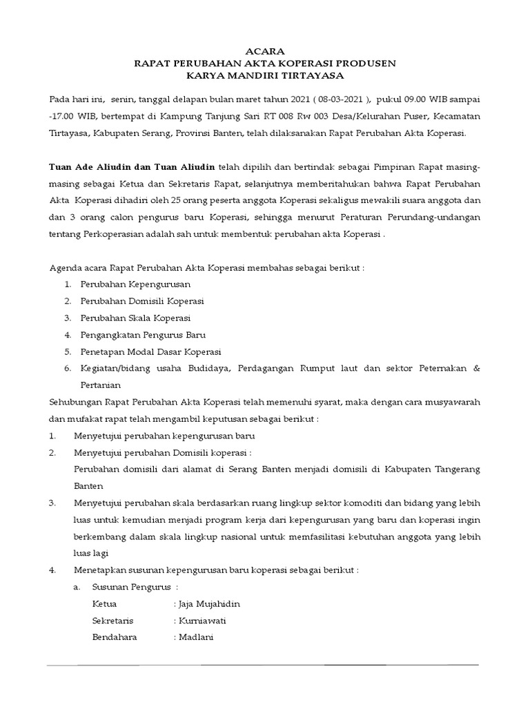 Rapat Anggota Koperasi Produsen Karya Mandiri Tirtayasa | PDF