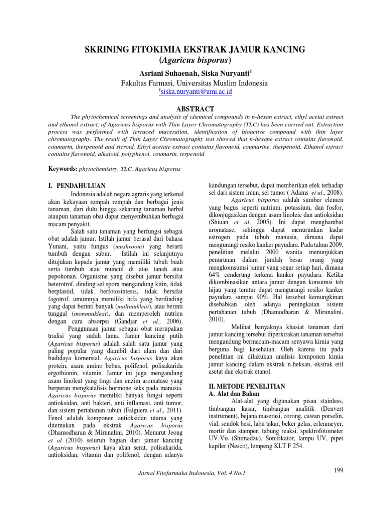 Skrining Fitokimia Ekstrak Jamur Kancing 65324825 | PDF