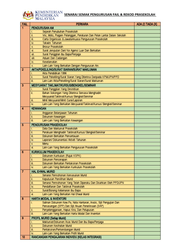 # Senarai Semak Fail Pengurusan Prasekolah Kak Wa Latest | PDF # Senarai Semak Fail Pengurusan Prasekolah Kak Wa Latest | PDF