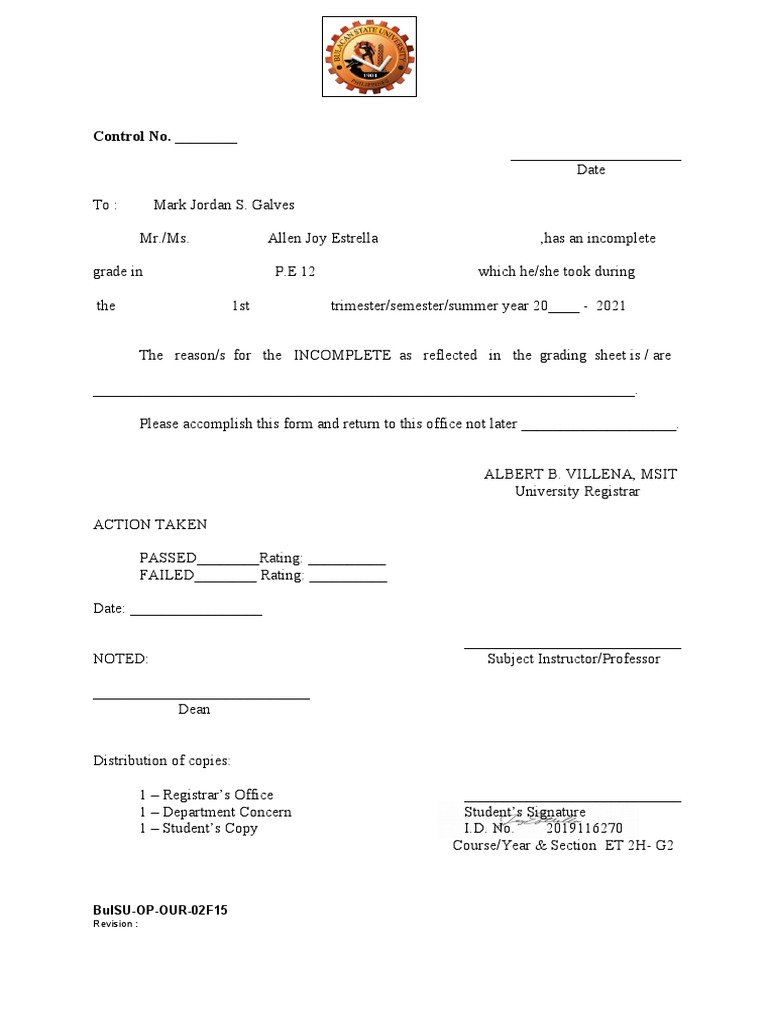 Bulsu Incomplete Grade Completion Form | PDF