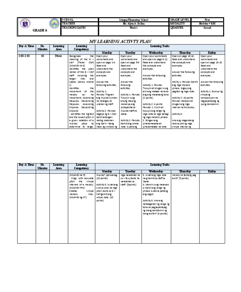 GRADE 4 - Music Learning Plan Week 1 2nd Quarter | PDF | Music Theory ...