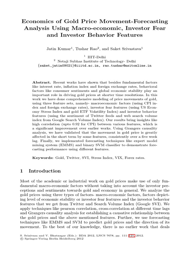 Economics of Gold Price Movement-Forecasting Analysis Using Macro-Economic, Investor Fear and ...
