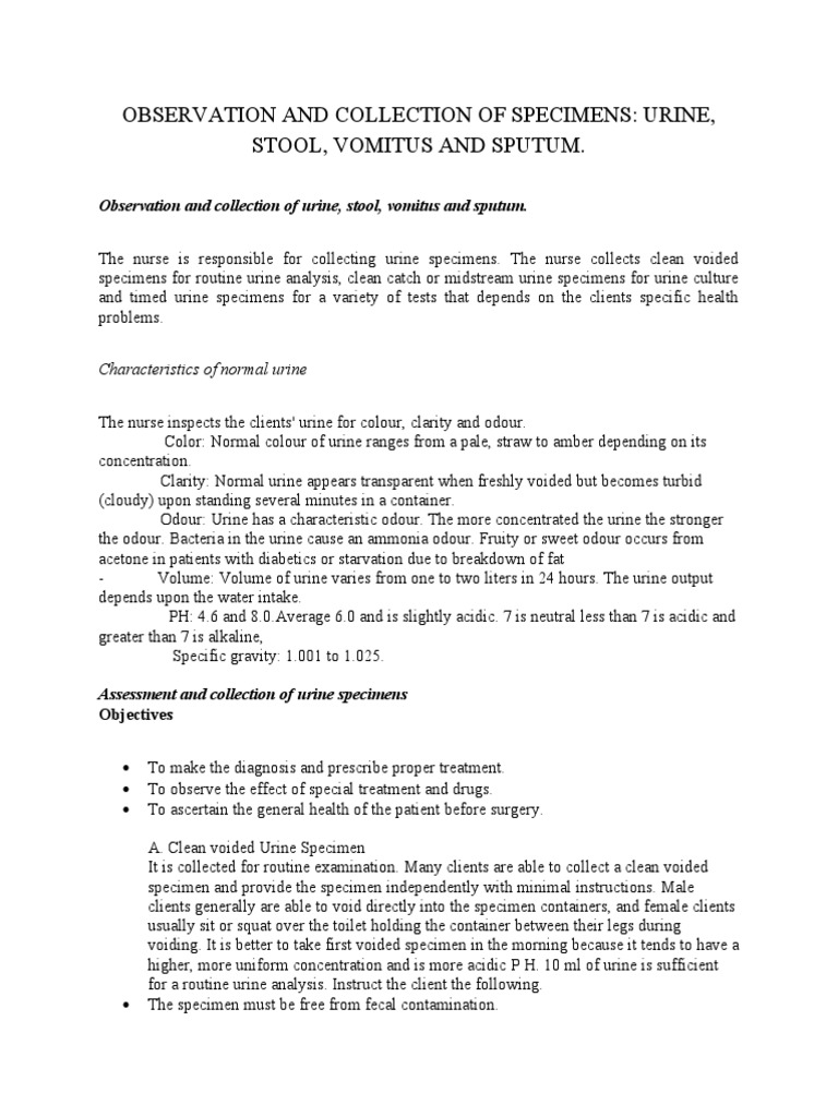 Observation and Collection of Specimens: Urine, Stool, Vomitus and ...