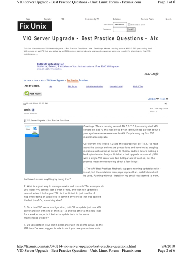 VIO Server Upgrade - Best Practice Questions - Aix | PDF | Backup | Unix