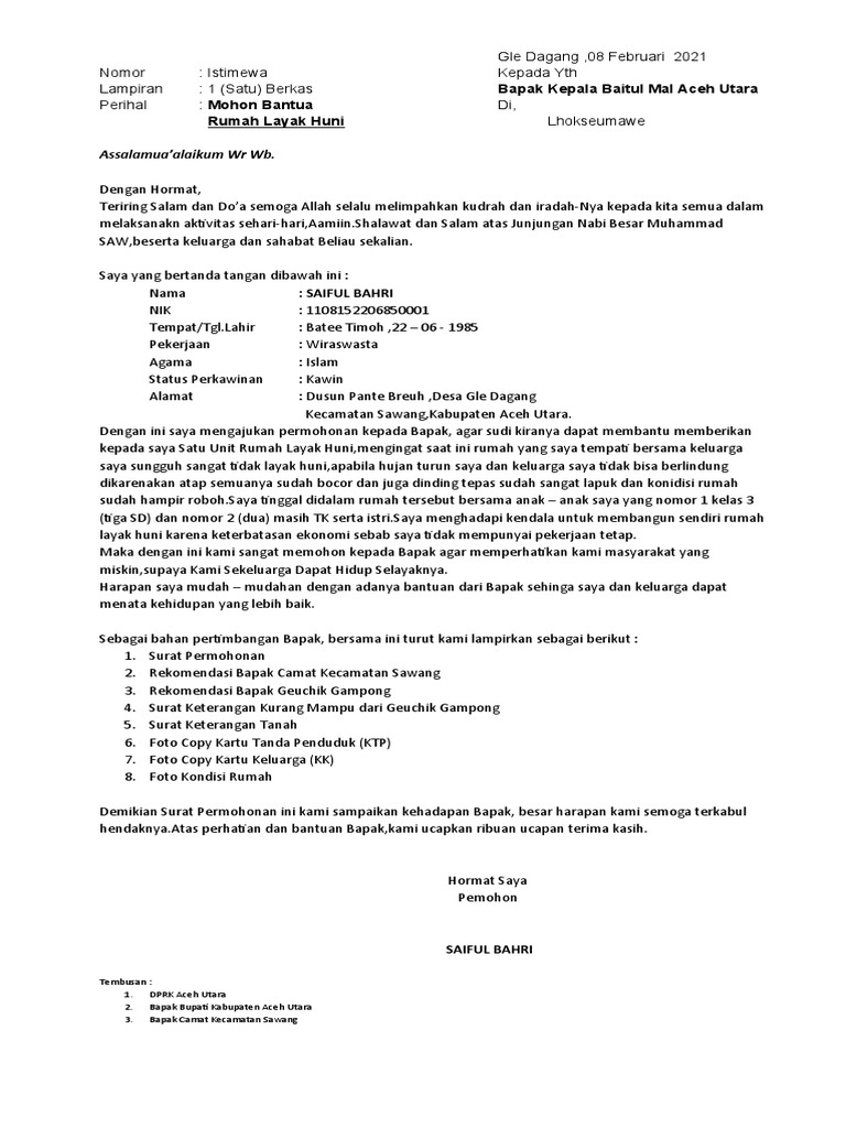 Proposal Bantuan Rumah Dhuafa Baitul Mal Saiful Bahri Gle Dagang | PDF