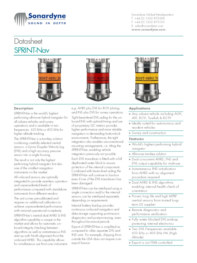 Sonardyne SPRINT-Nav datasheet provides details on hybrid navigator | PDF | Inertial Navigation ...