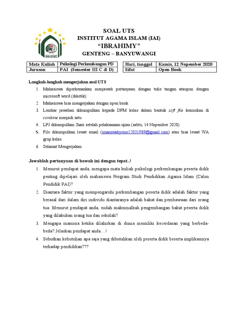 SOAL UTS Psikologi Perkembangan PD | PDF