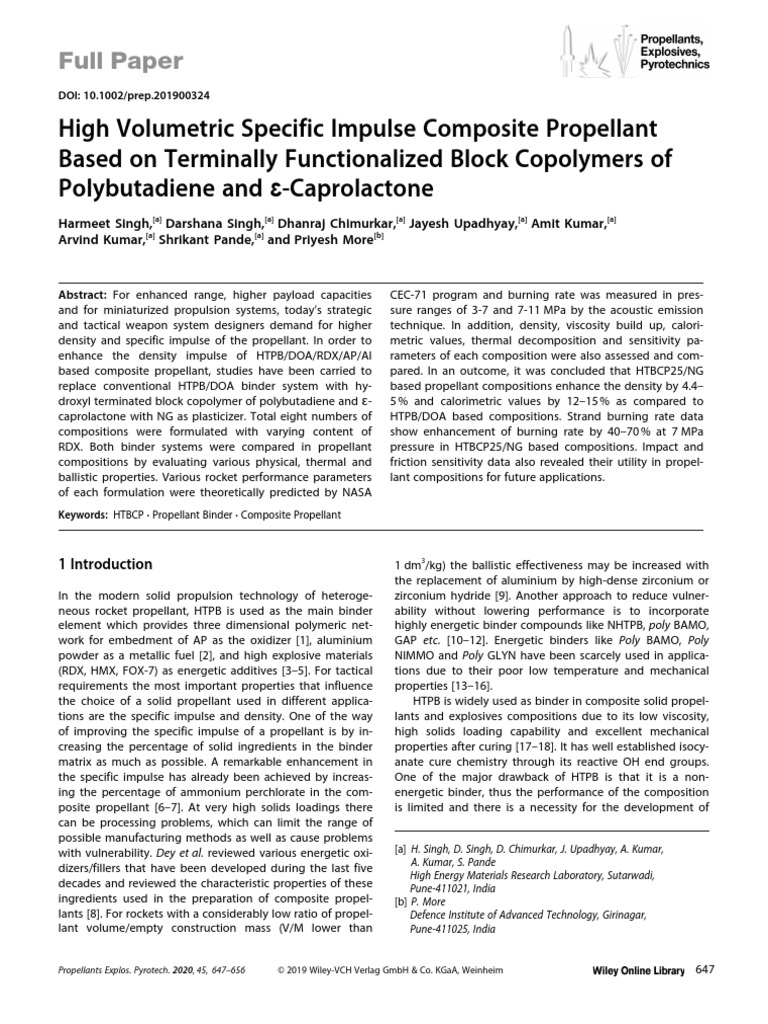 High Volumetric Specific Impulse Composite Propellant Based On ...