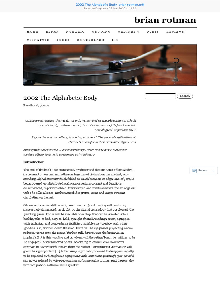 2002 The Alphabetic Body Brian Rotman | PDF | Gesture | Speech