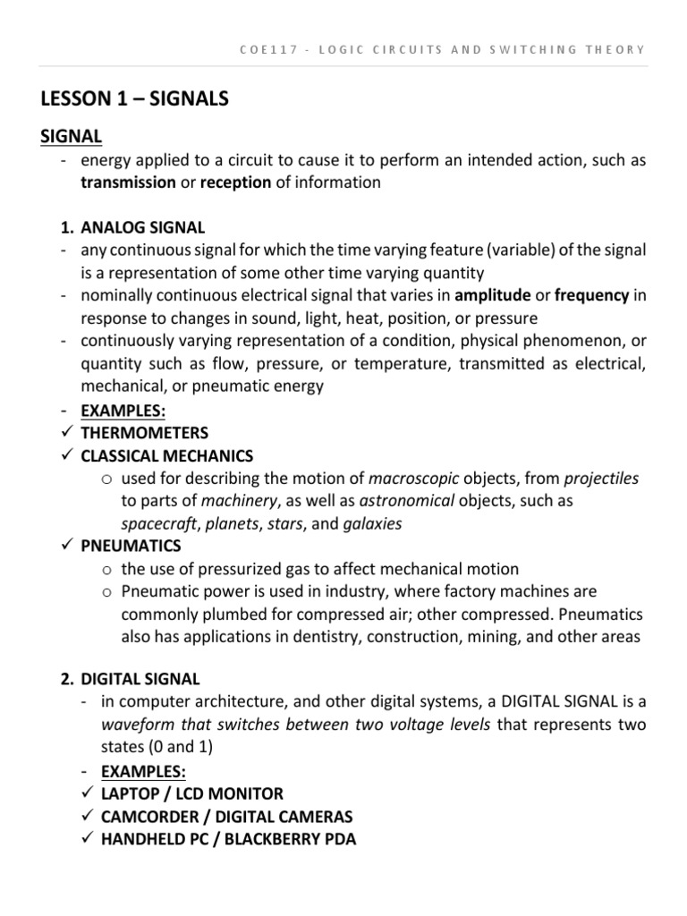 Lesson 1 - Signals: Signal | PDF | Subtraction | Boolean Algebra