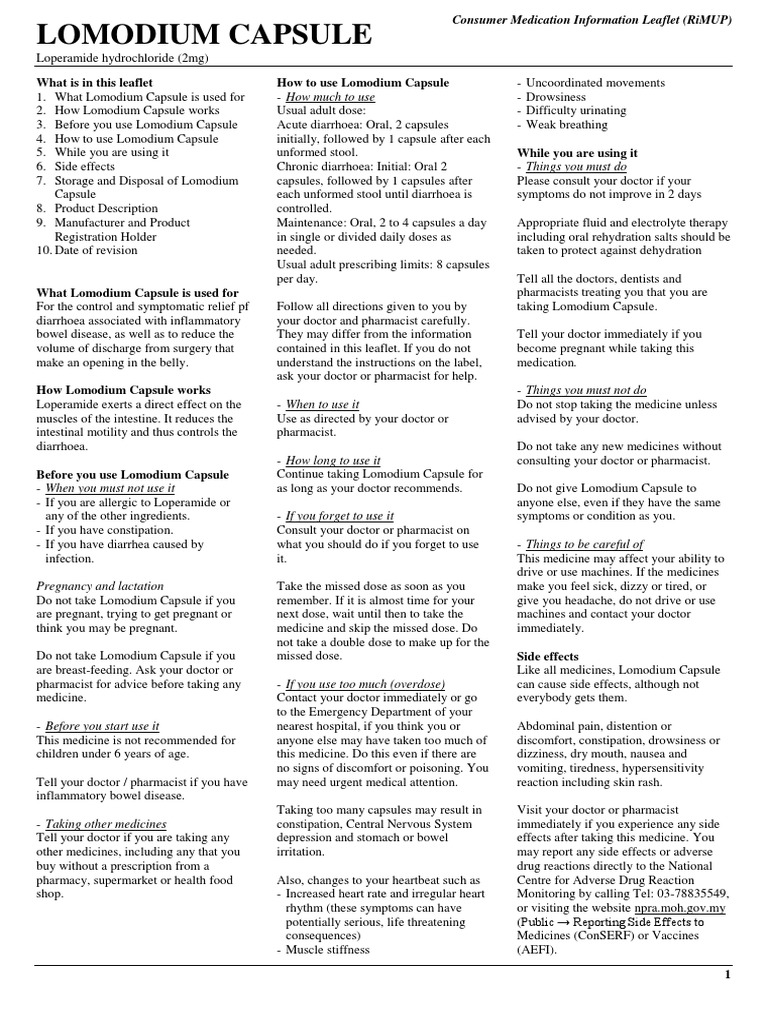 Lomodium Capsule: Uses and Dosage | PDF | Diarrhea | Constipation