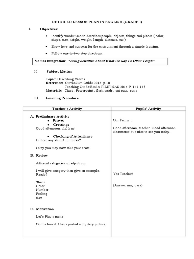 Detailed Lesson Plan in English Final | PDF | Lesson Plan | Teaching