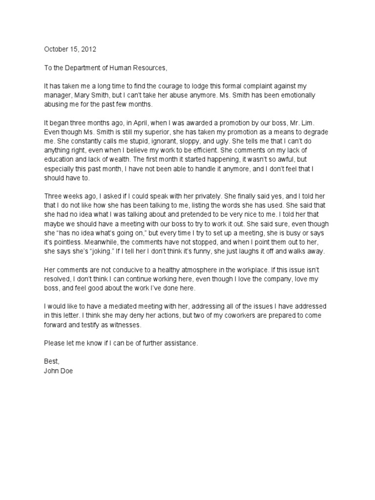 Emotional Abuse Letter of Complaint | PDF