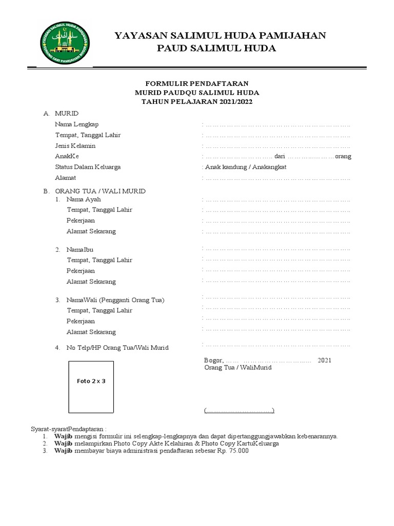 Contoh Format Formulir Pendaftaran TPA | PDF