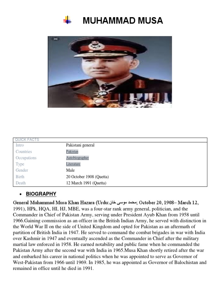 General Muhammad Musa Khan Biography | PDF | Politics | History
