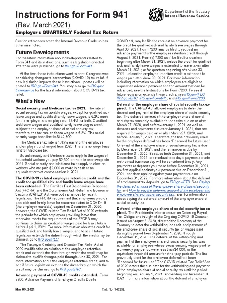 Instructions For Form 941: (Rev. March 2021) | PDF | Withholding Tax ...